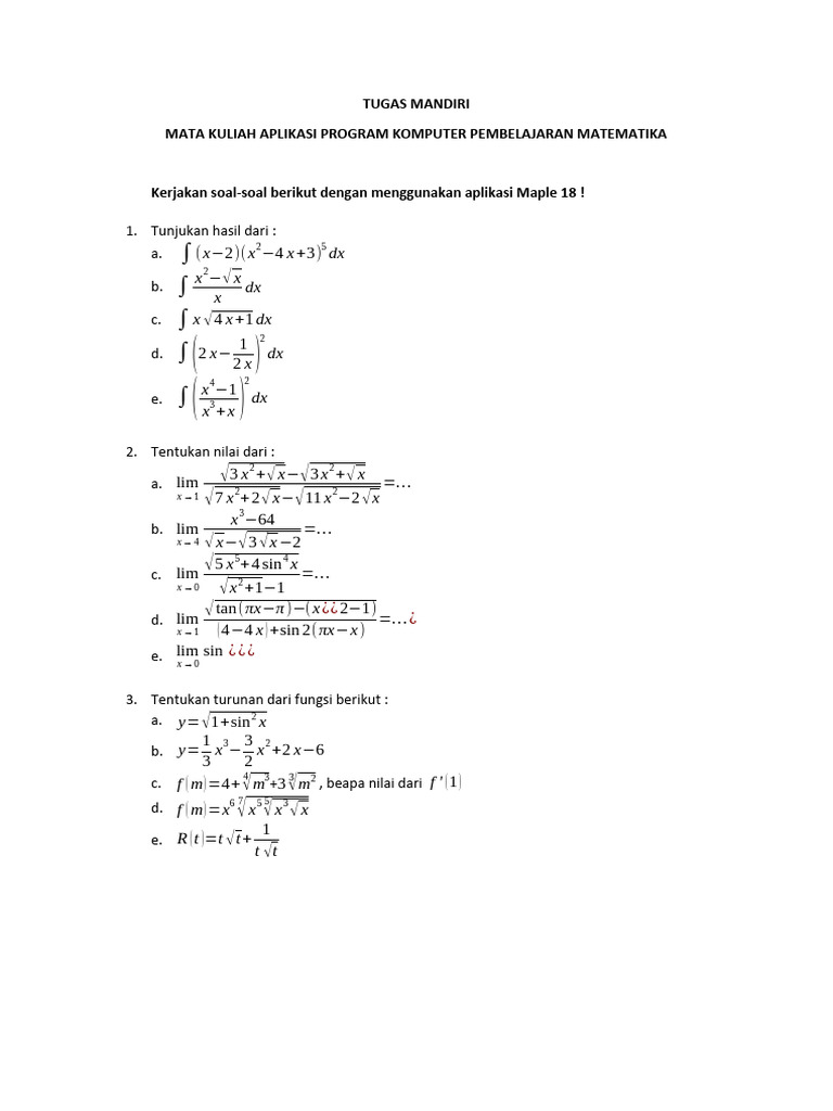 Soal Tugas Mandiri (Limit, Integral Turunan) | PDF | Metode & Bahan Ajar