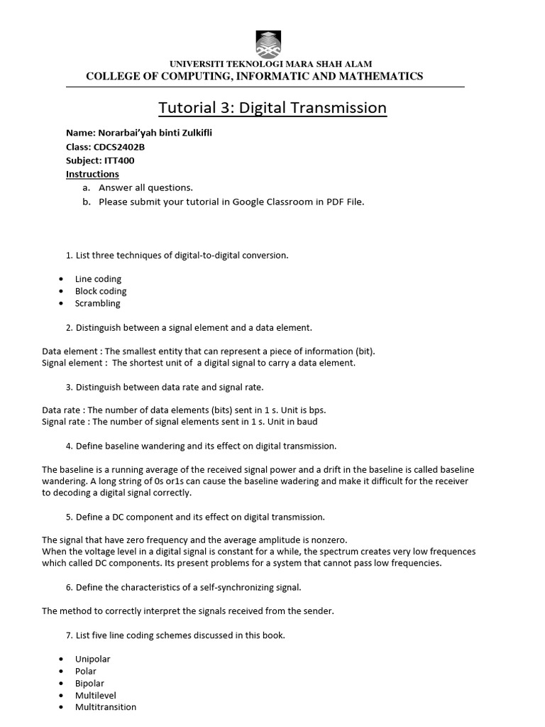 ITT400_Tutorial3 | PDF | Bit | Telecommunications Engineering ITT400_Tutorial3 | PDF | Bit | Telecommunications Engineering