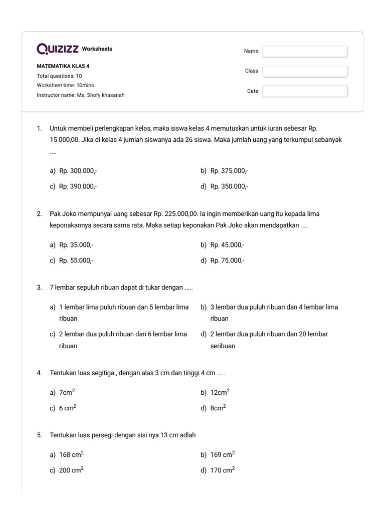 Quizizz - MATEMATIKA KLAS 4 | PDF