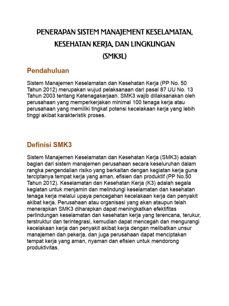 Penerapan Sistem Manajement Keselamatan SMK3L | PDF | Teknologi & Rekayasa