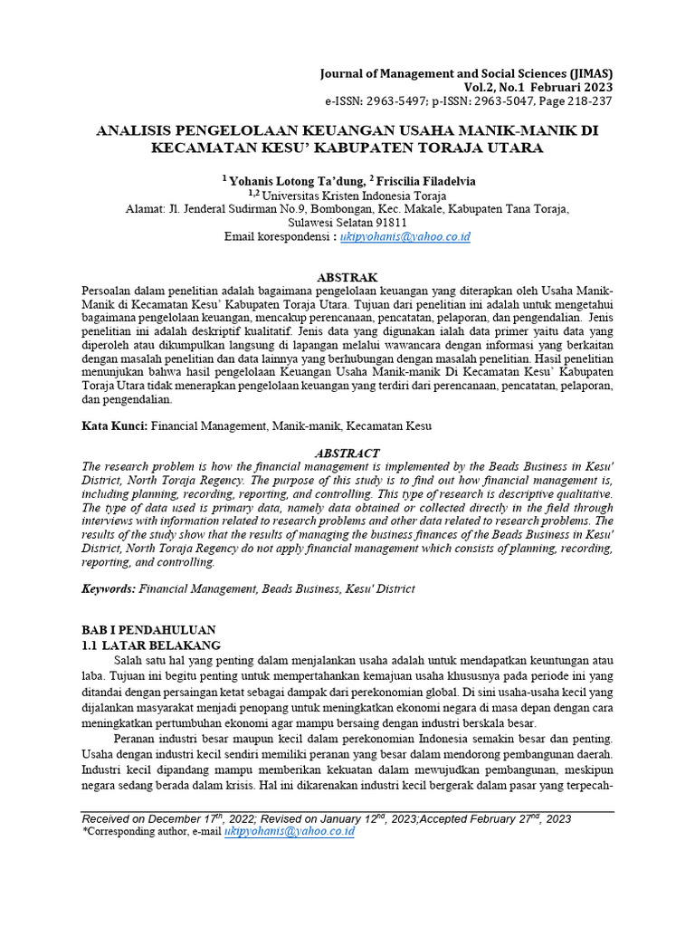 Analisis Pengelolaan Keuangan Usaha Manik-Manik Di Kecamatan Kesu' Kabupaten Toraja Utara | PDF ...