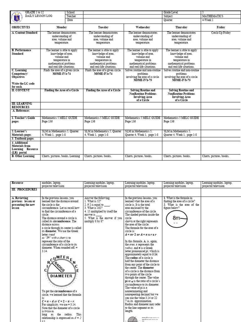 Q4-W1-Math 5 | PDF | Area | Circle