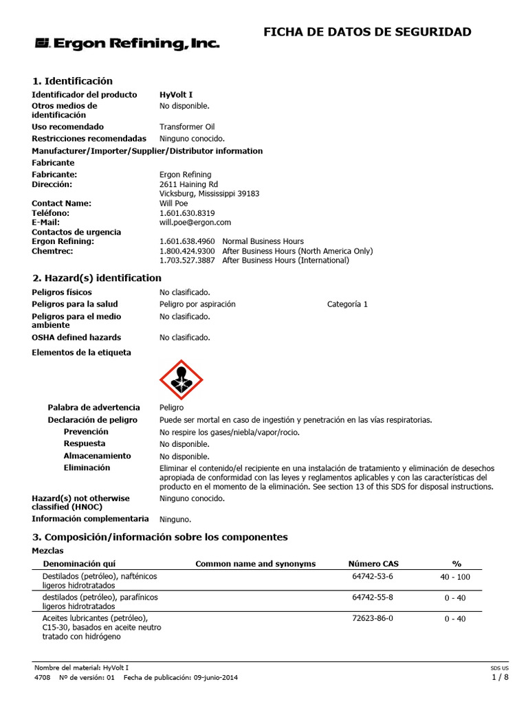 Ficha de Seguridad del Aceite HyVolt I | PDF | Residuos | Agua