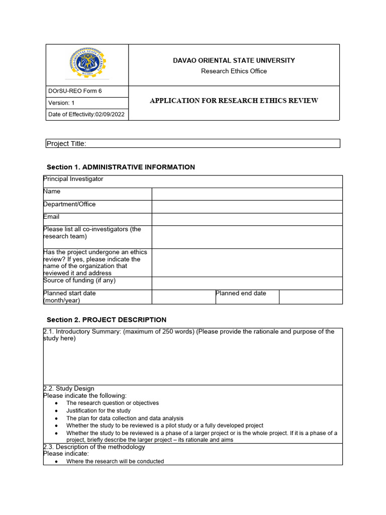 Form 6 APPLICATION FOR RESEARCH ETHICS REVIEW | PDF | Informed Consent | Data