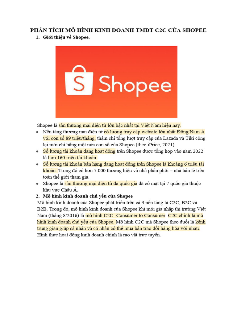 Mô Hình Kinh Doanh TMĐT C2C C A Shopee | PDF