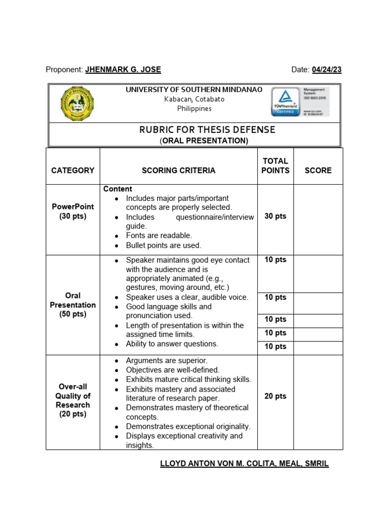 Rubric For Thesis Defense Oral Presentation | PDF | Critical Thinking | Thesis