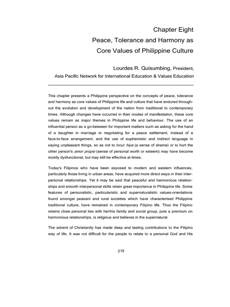 Peace, Tolerance and Harmony As Core VAlues of Philippine Culture | PDF ...