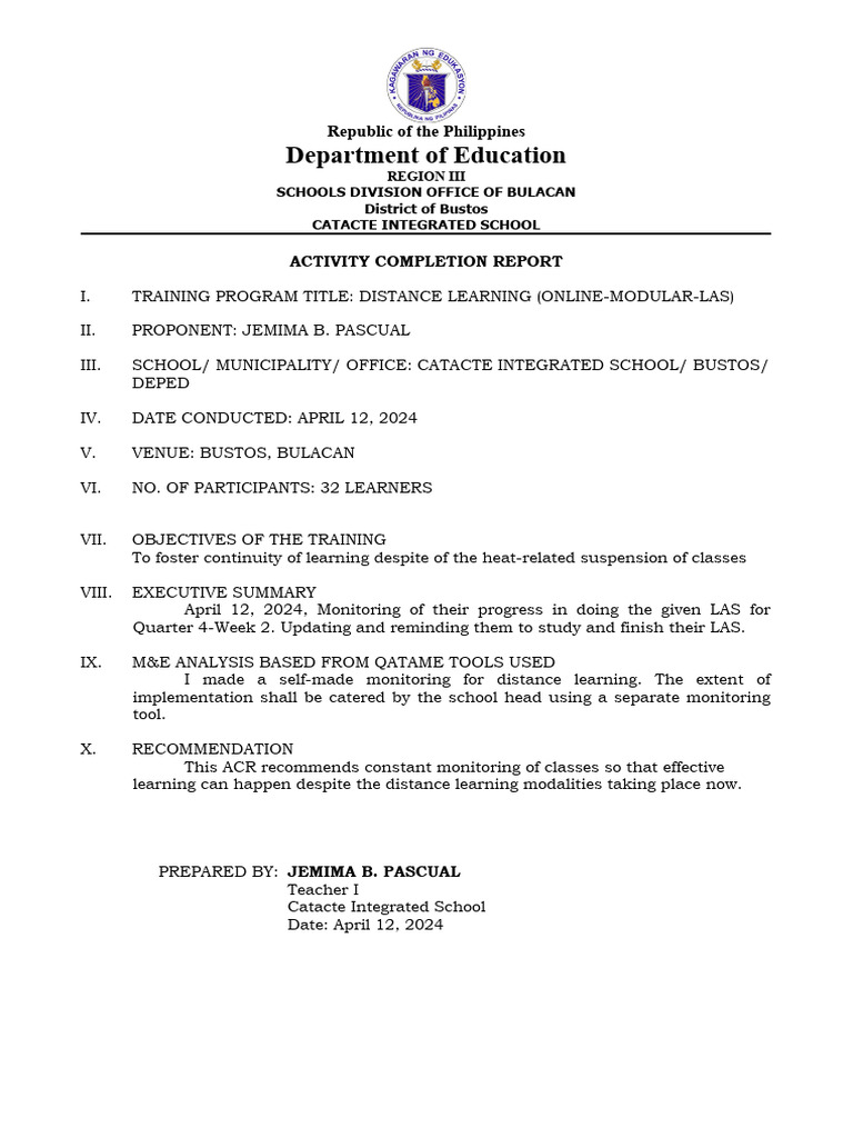 Activity-Completion-Report-ONLINE-MODULAR-JEM- April12,2024 - Copy | PDF | Learning | Behavior ...