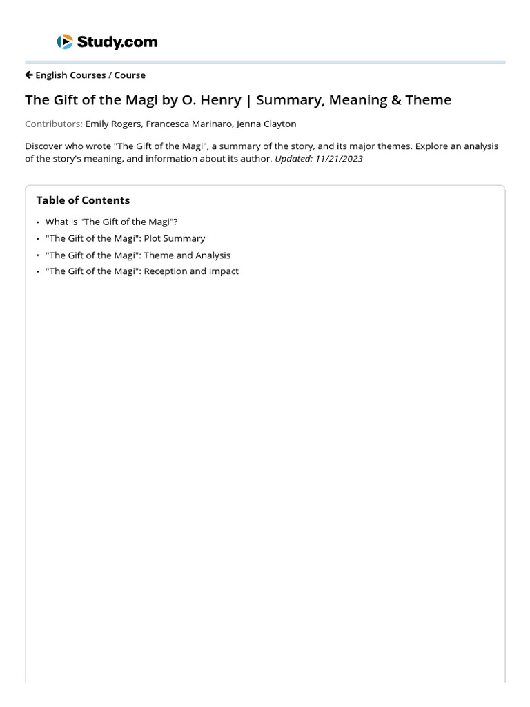 Summary and Themes of The Gift of the Magi | PDF | O. Henry