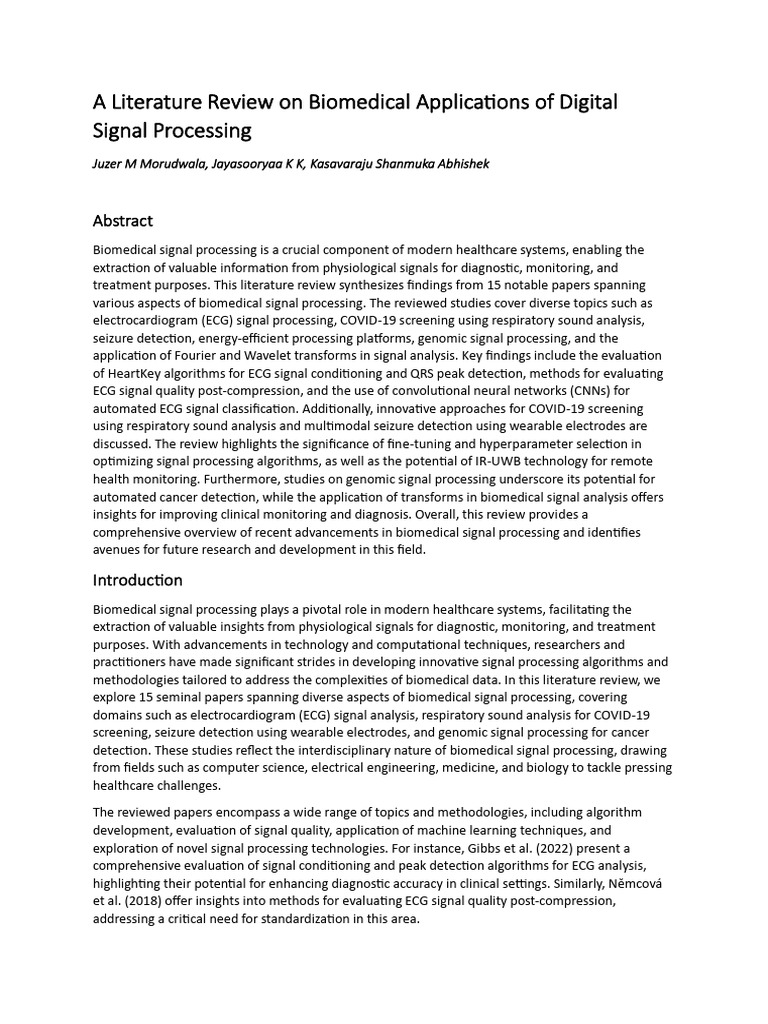 A Literature Review On Biomedical Applications of Digital Signal Processing | PDF | Monitoring ...