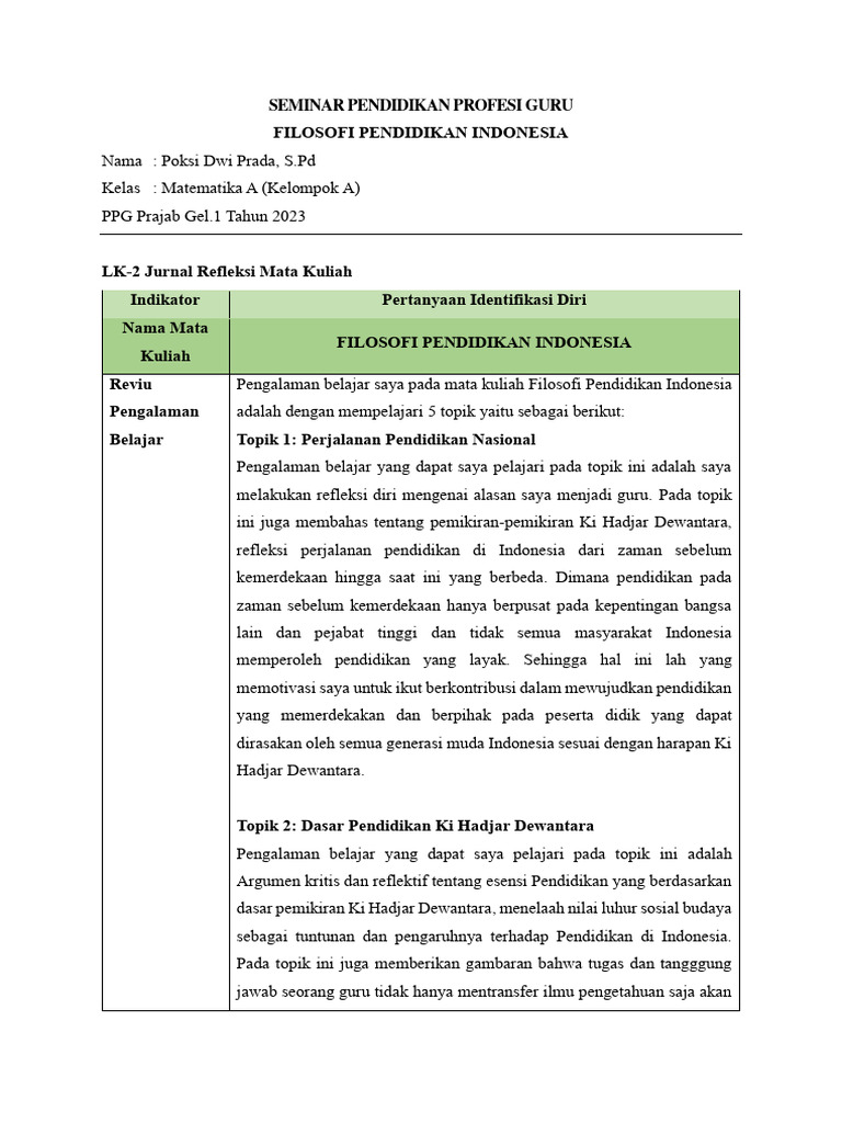 Refleksi Pembelajaran Filosofi Pendidikan Indonesia | PDF