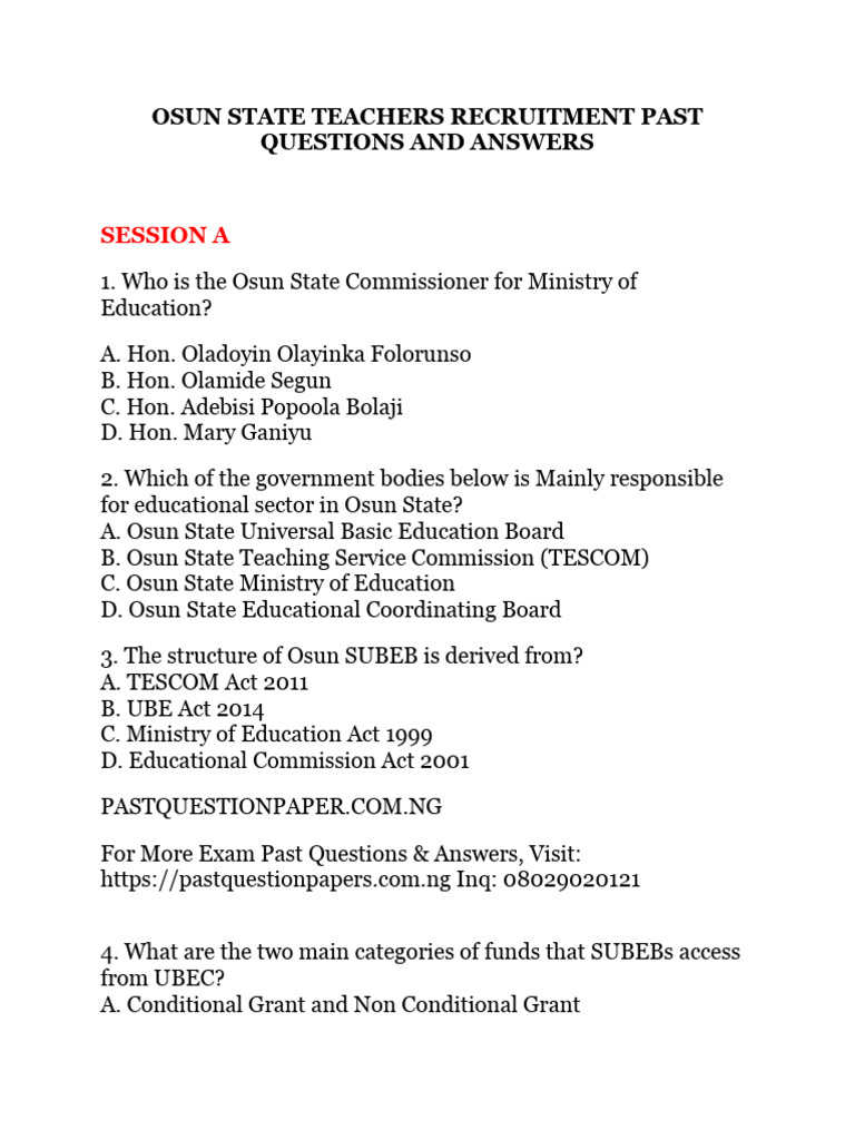 Osun State Teachers Recruitment Past Questions | PDF | Level Of ...