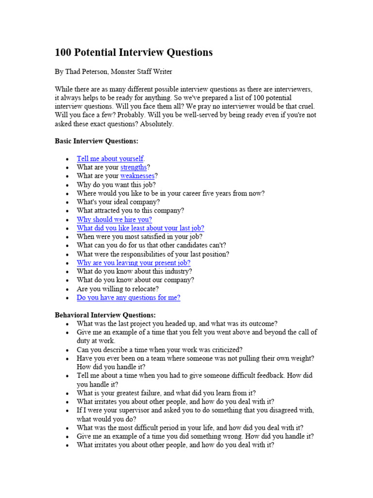 1 100 Potential Interview Questions | PDF | Social Psychology | Psychology