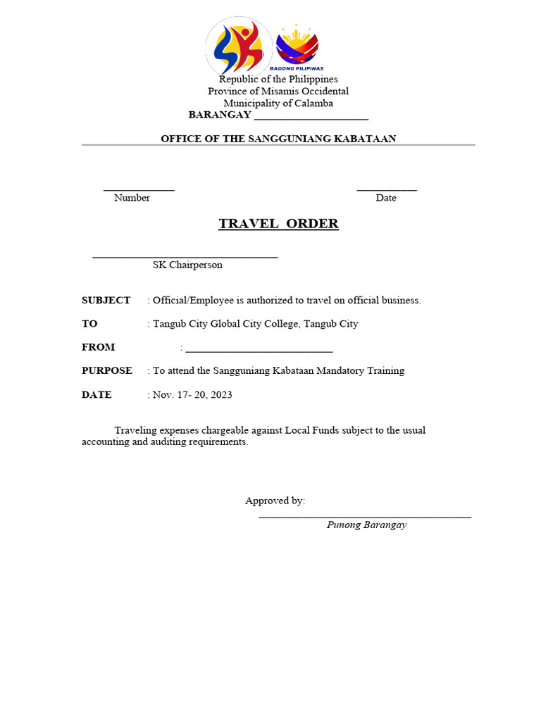 Travel Order Format SK 2024 | PDF