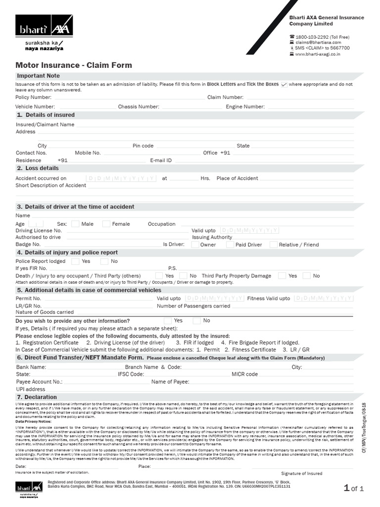 Bharti Claim Form | Download Free PDF | Insurance | Vehicle Insurance