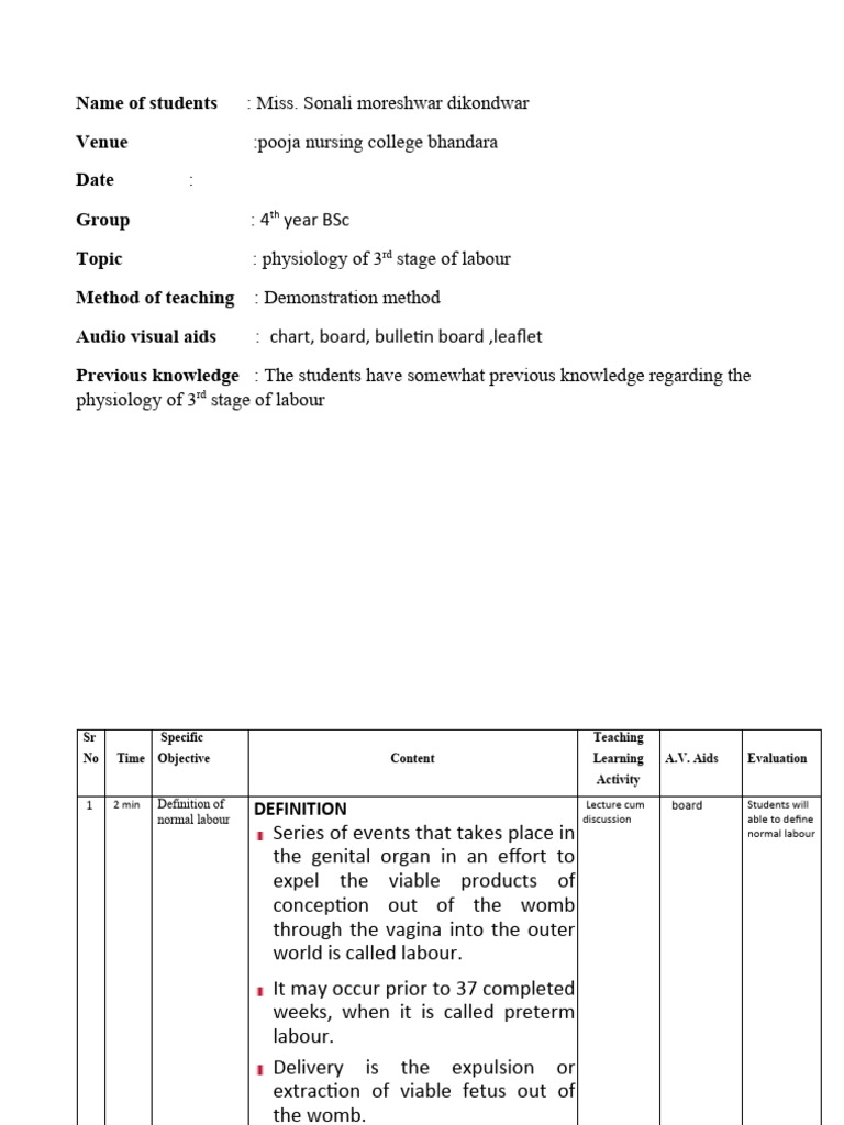 Lession Plan On Physiology of 3rd Stage of Labour | PDF | Uterus ...
