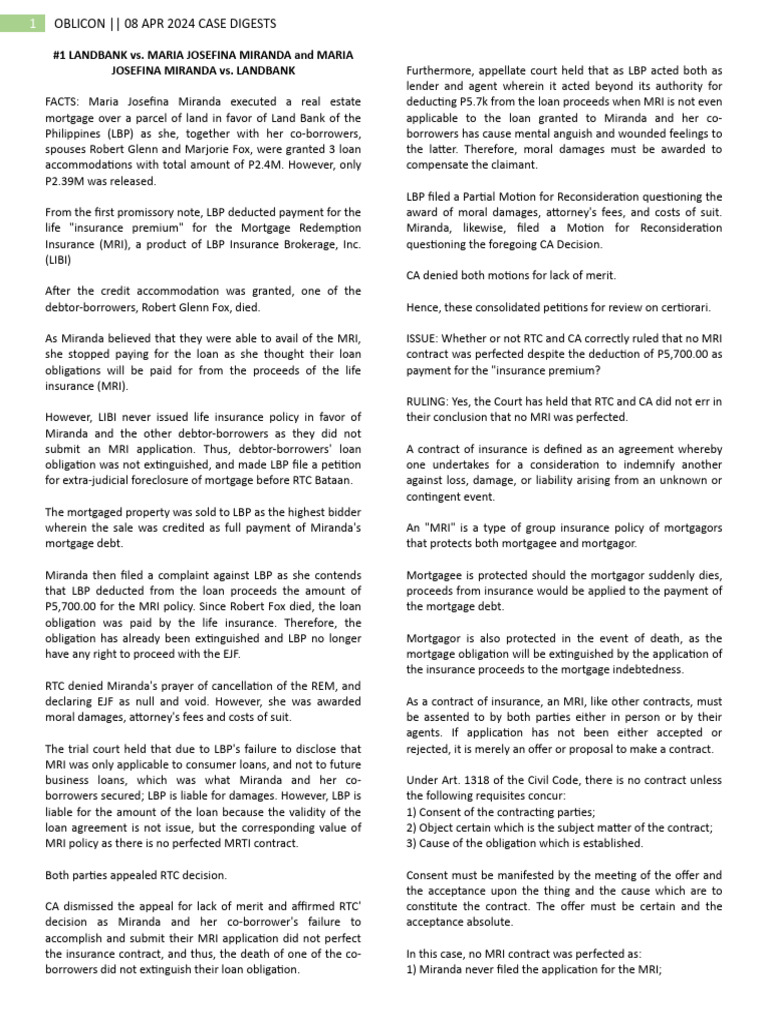 08 Apr 2024 Case Digests | PDF | Mortgage Law | Insurance