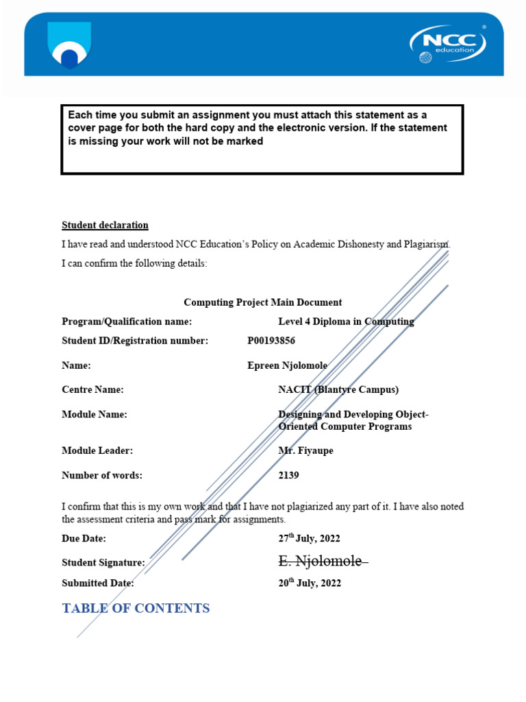 P00193856 - Epreen Njolomole - DDOOCP | PDF | Class (Computer Programming) | Method (Computer ...