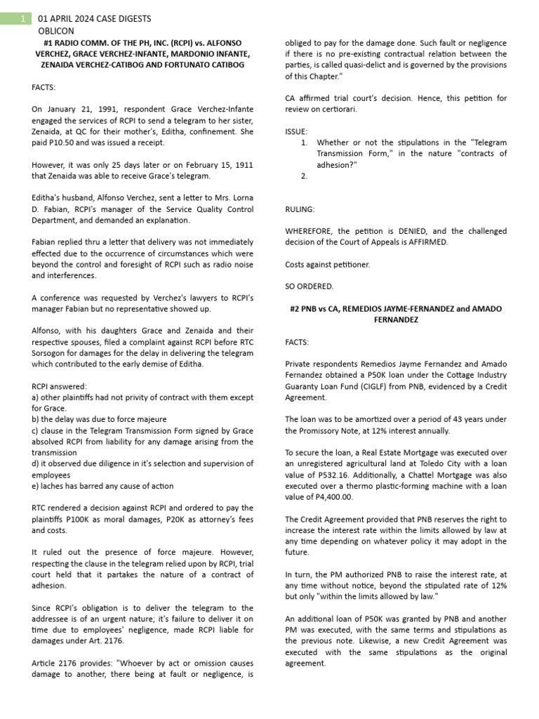 01 APRIL 2024 CASE DIGESTS | PDF | Surety | Guarantee