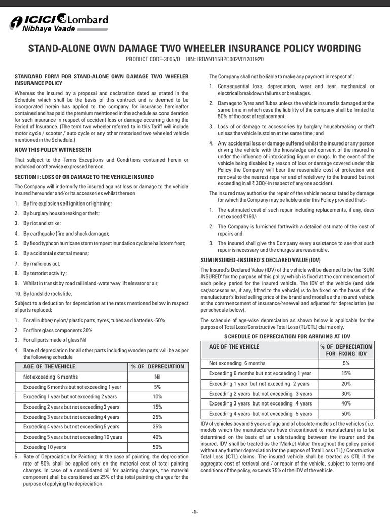 Two Wheeler Own Damage Policy Wording - ICICI | PDF | Insurance | Indemnity
