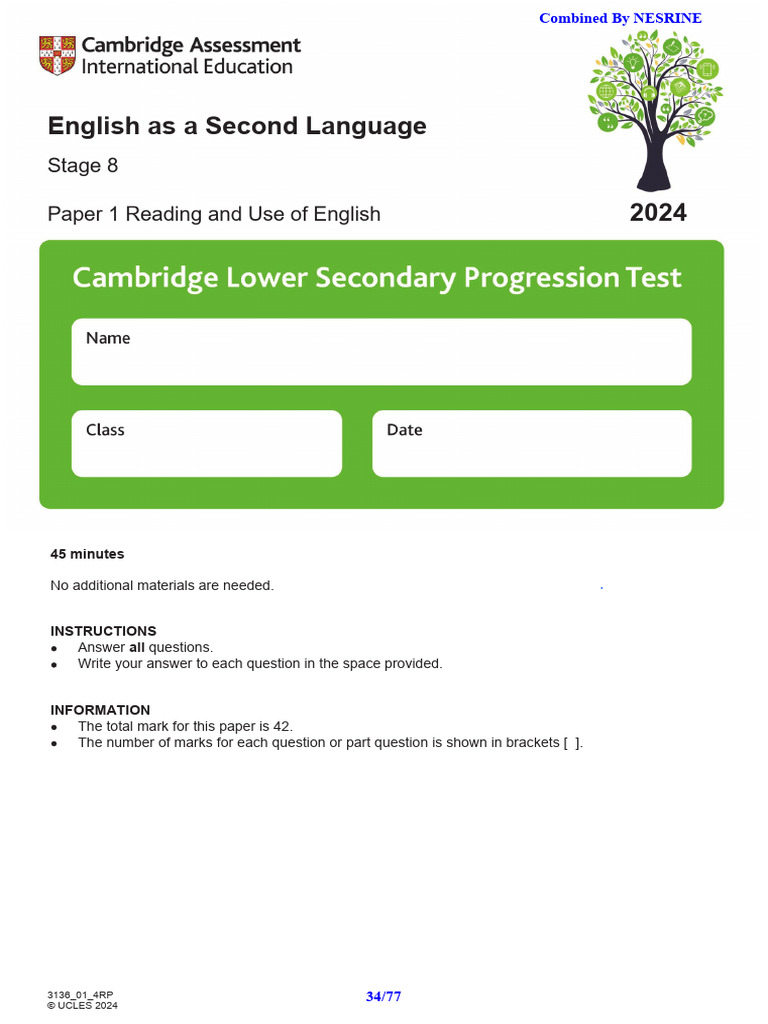 (Stage 8) Progression Test 1 - Reading | PDF