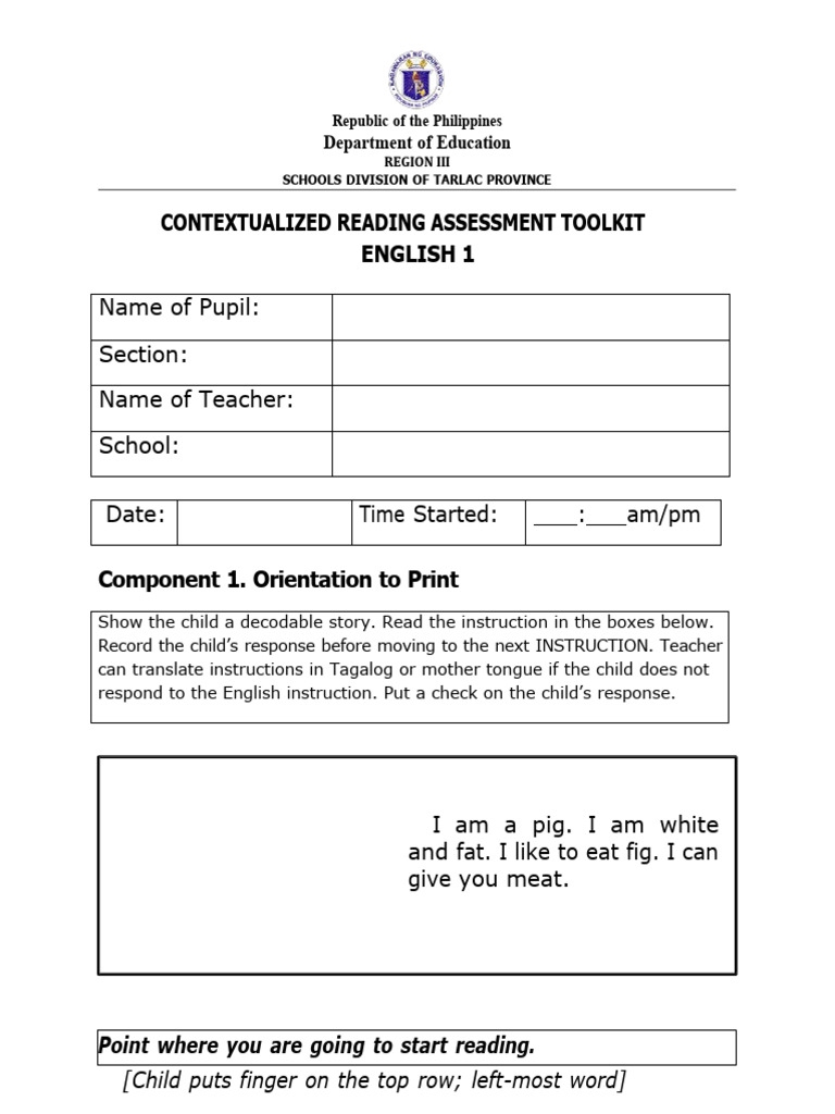 CONTEXTUALIZED READING ASSESSMENT TOOLKIT - Grade 1 | PDF | Linguistics | Human Communication