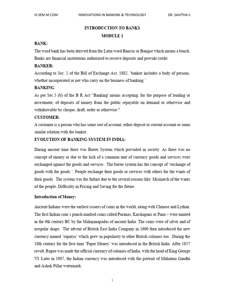 Module 1 Introduction To Banks Pdf Banks Reserve Bank Of India