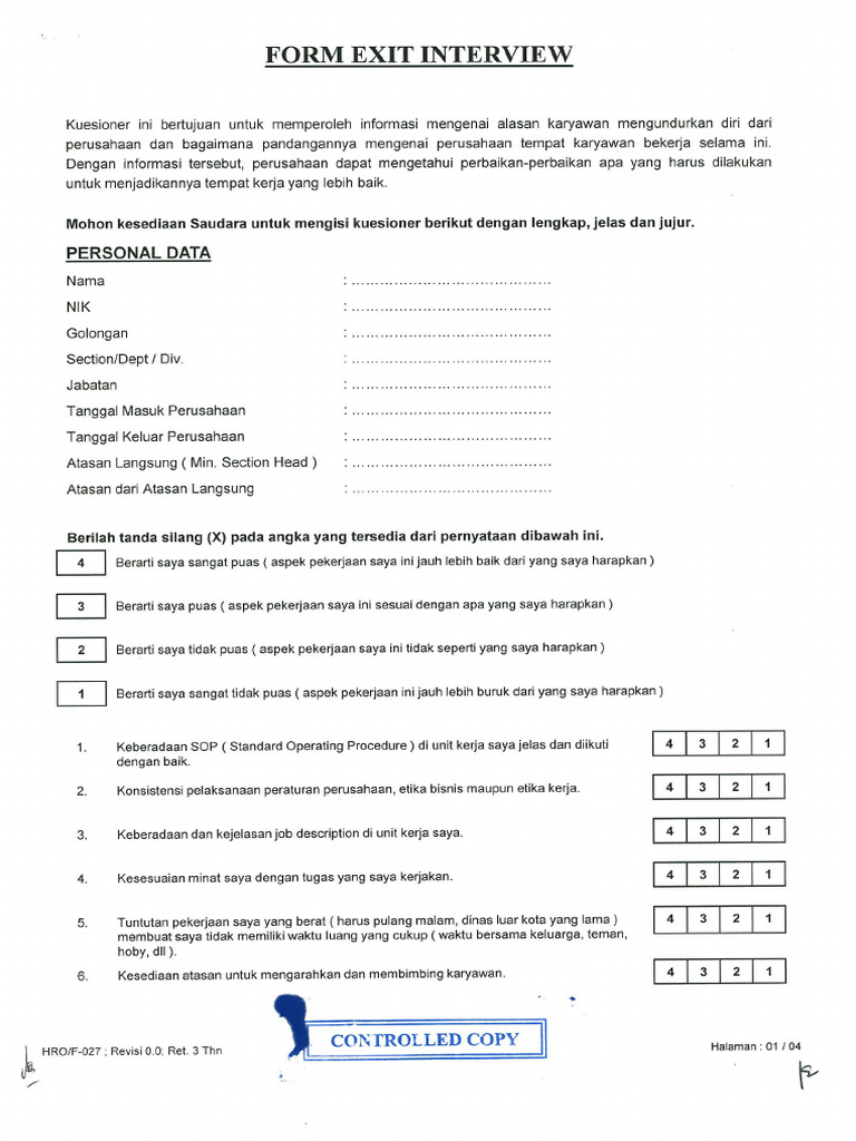 F-027_HRO; Revisi 0.0; Ret. 3 Thn - Form Exit Interview | PDF