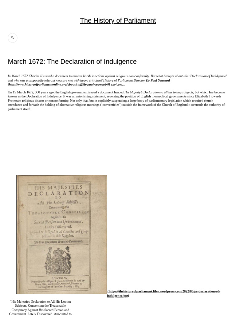March 1672 - The Declaration of Indulgence - The History of Parliament ...
