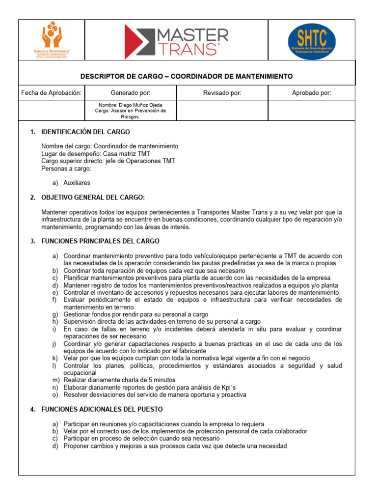 Descriptor de Cargo - Jefe de Mantenimiento (EDITAR) | PDF | Tecnología