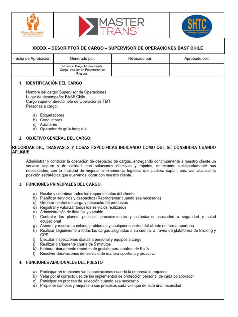Descriptor de Cargo - Supervisor de Operaciones (EDITAR) | Descargar gratis PDF | Logística ...
