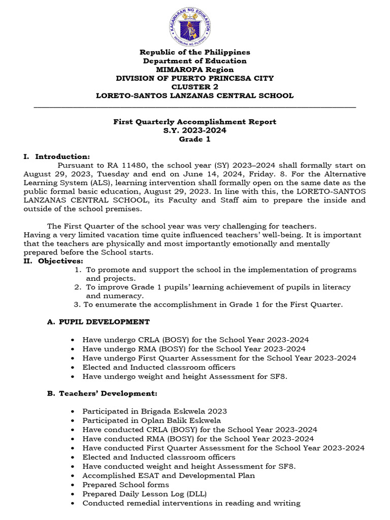 Grade 1 First Quarter Accomplishments | PDF | Teachers | Learning