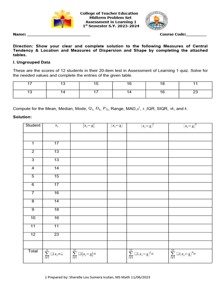Midterm Problem Set: Central Tendency & Dispersion | PDF | Mathematics