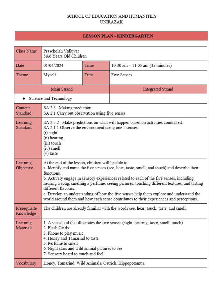 Lesson Plan TADIKA (Week 4) 1 | Download Free PDF | Senses | Perception