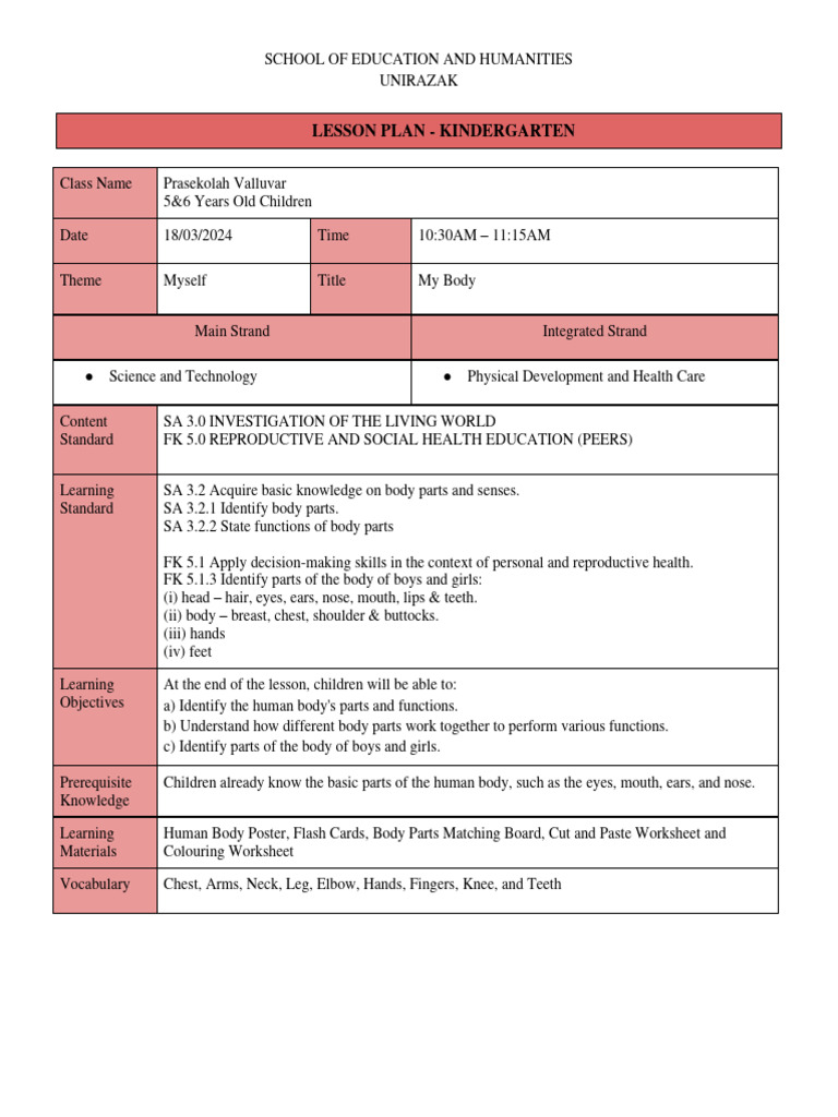 Body Parts Lesson Plan for Kindergarten | PDF | Teachers | Learning