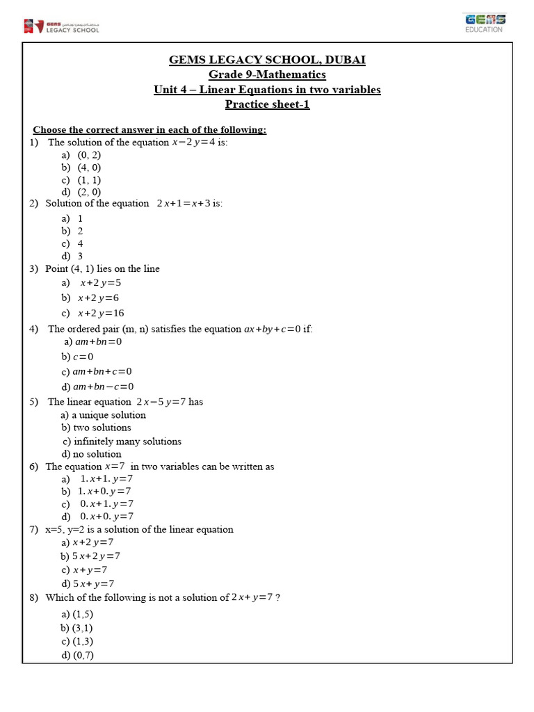 Linear Equation in Two Variables Practise Sheet | Download Free PDF ...