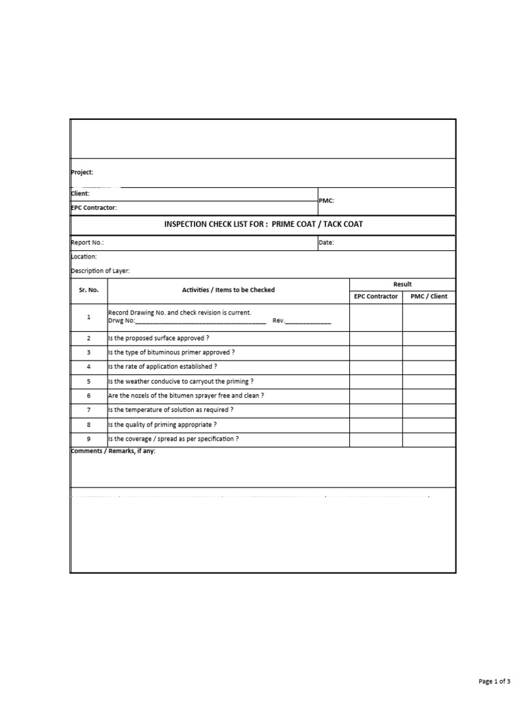 Prime Coat and Tack Coat Inspection Checklist | PDF