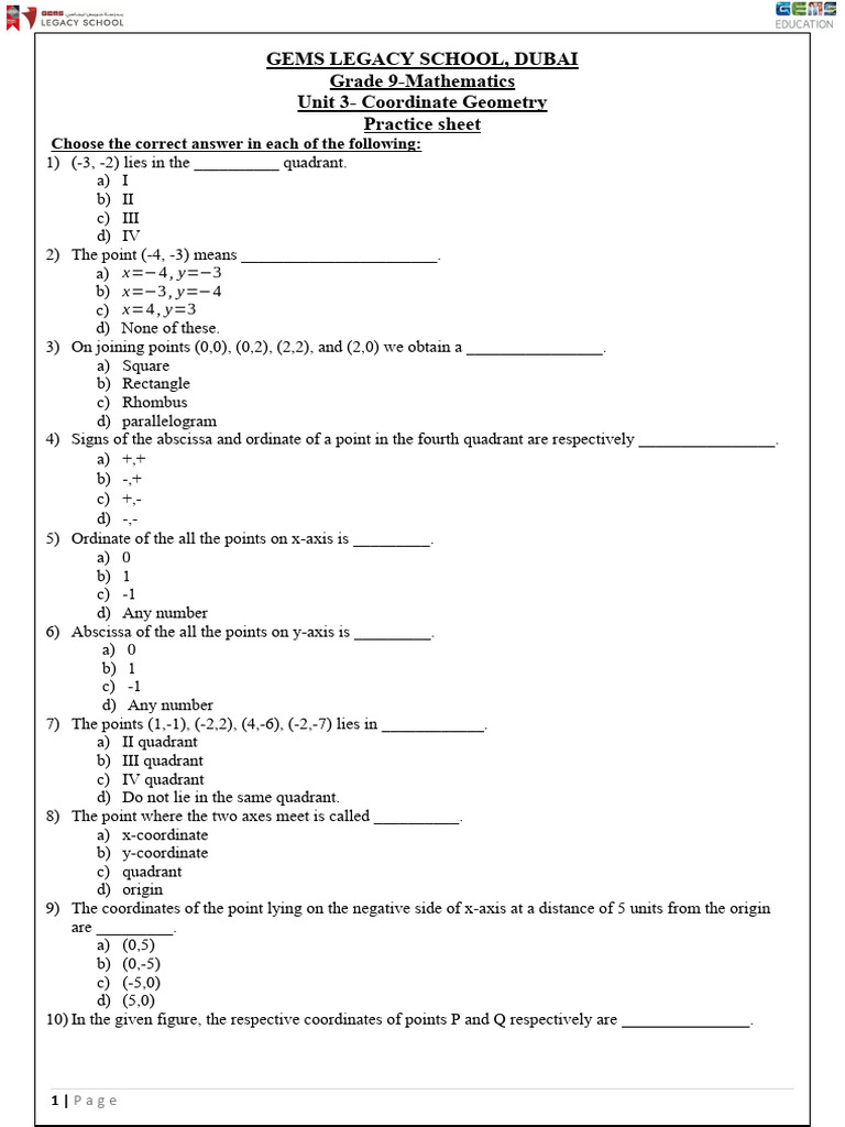 Unit 3 Coordinate Geometry Practice Sheet Pdf Cartesian Coordinate System Space