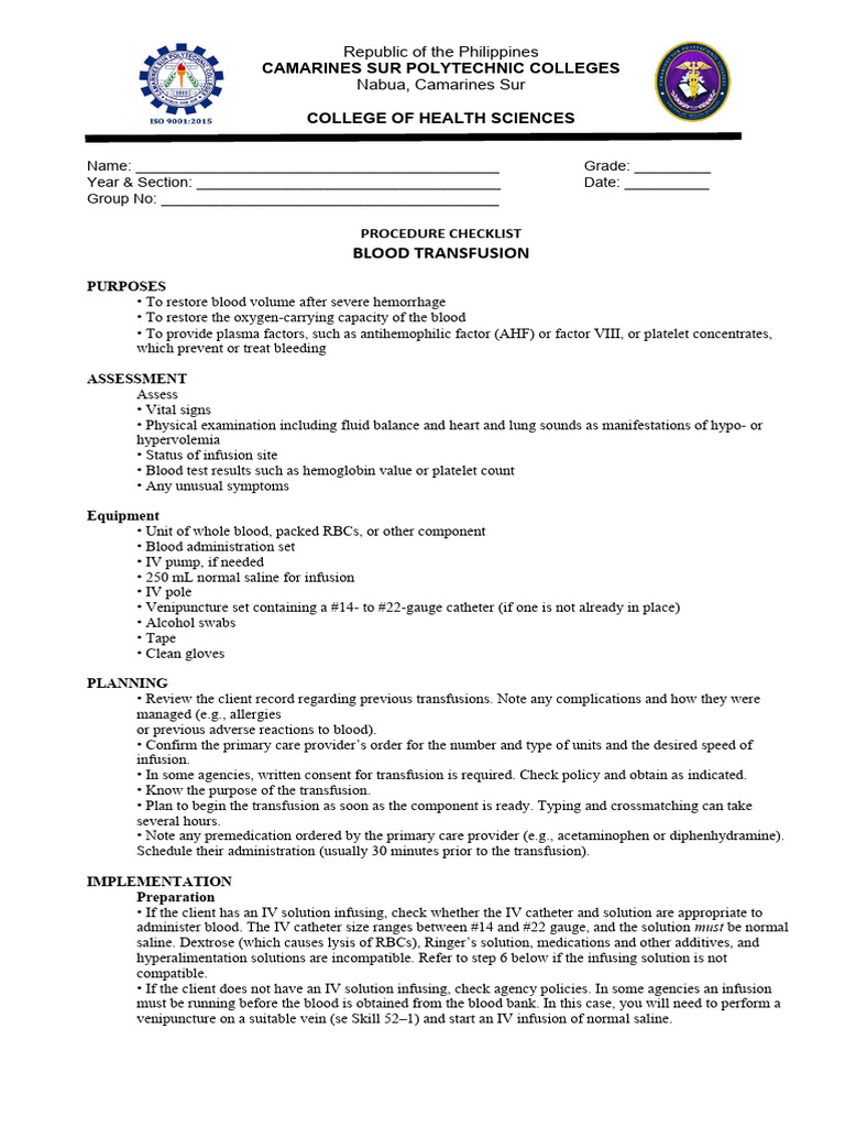 BT-CHECKLIST-1 | PDF | Intravenous Therapy | Blood Transfusion