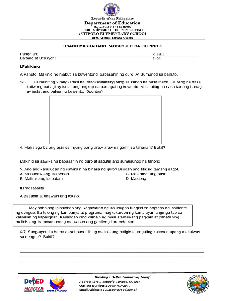 PT - FILIPINO 6 and TOS - Q1 - V2 New | PDF