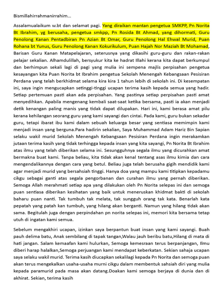Teks Perpisahan PN Norita | PDF
