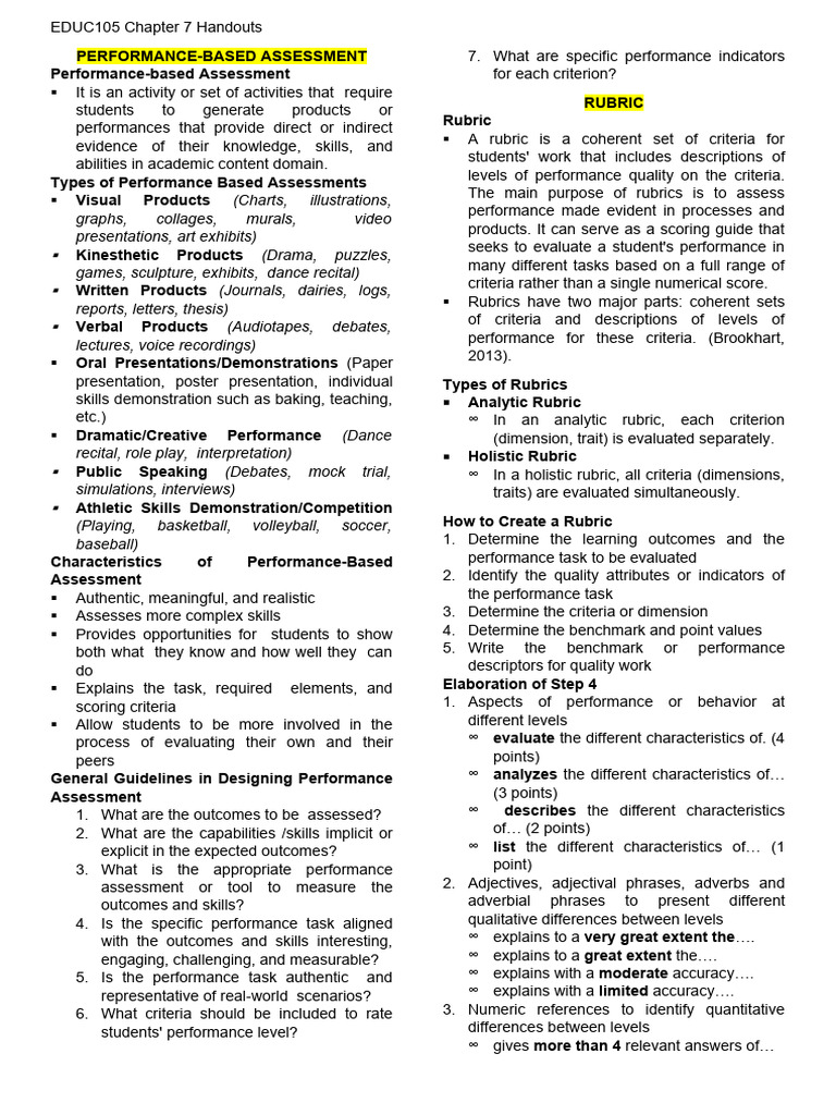 EDUC105_Handouts-Chapter-7 | PDF | Rubric (Academic) | Learning