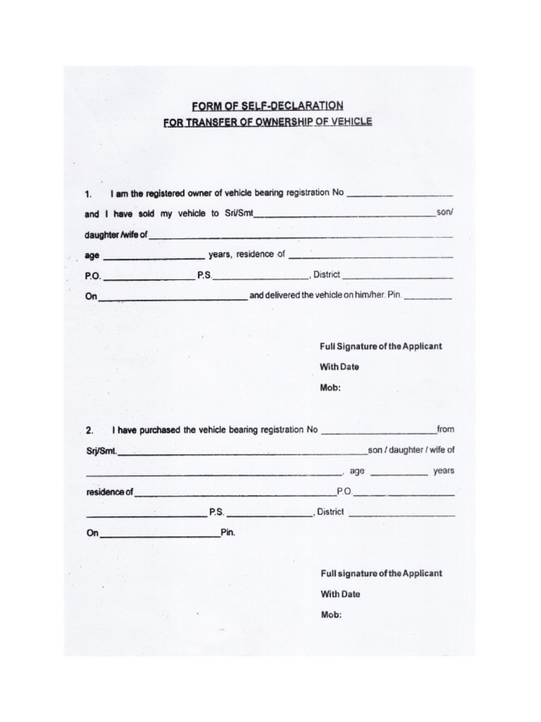 Vehicle Ownership Transfer Declaration Form | PDF | Finance & Money Management | Social Science