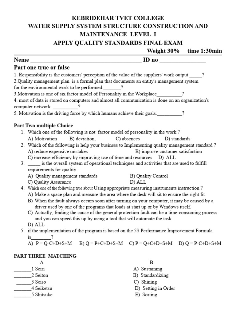 Final Exam of Level One | PDF | Quality Management | Motivation