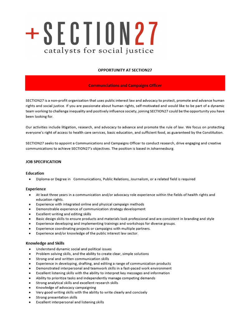 Communications Officer Job at SECTION27 | PDF | Communication | Experience