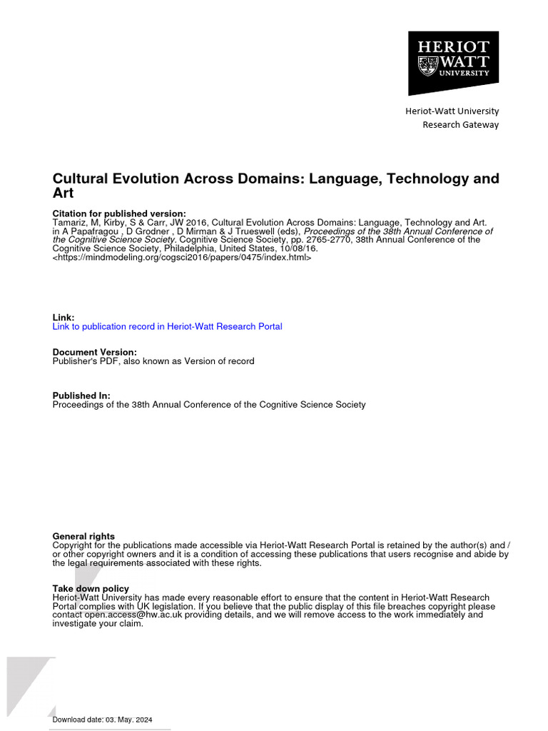 Cultural Evolution Across Domains Language, Technology and Art | PDF ...
