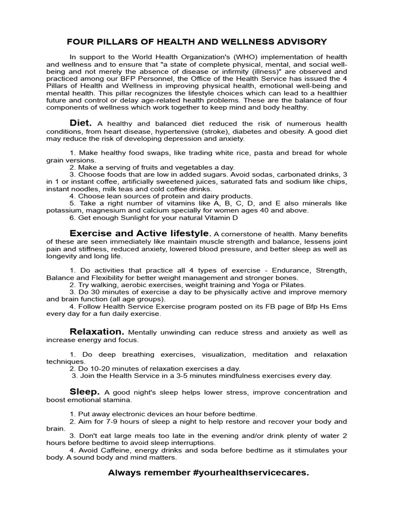 FOUR PILLARS OF HEALTH AND WELLNESS ADVISORY | PDF | Healthy Diet ...