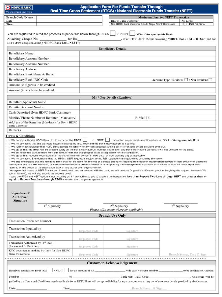 Hdfc Rtgs Form Pdf Download Hdfc Neft Form Pdf Banks Guide Pdf