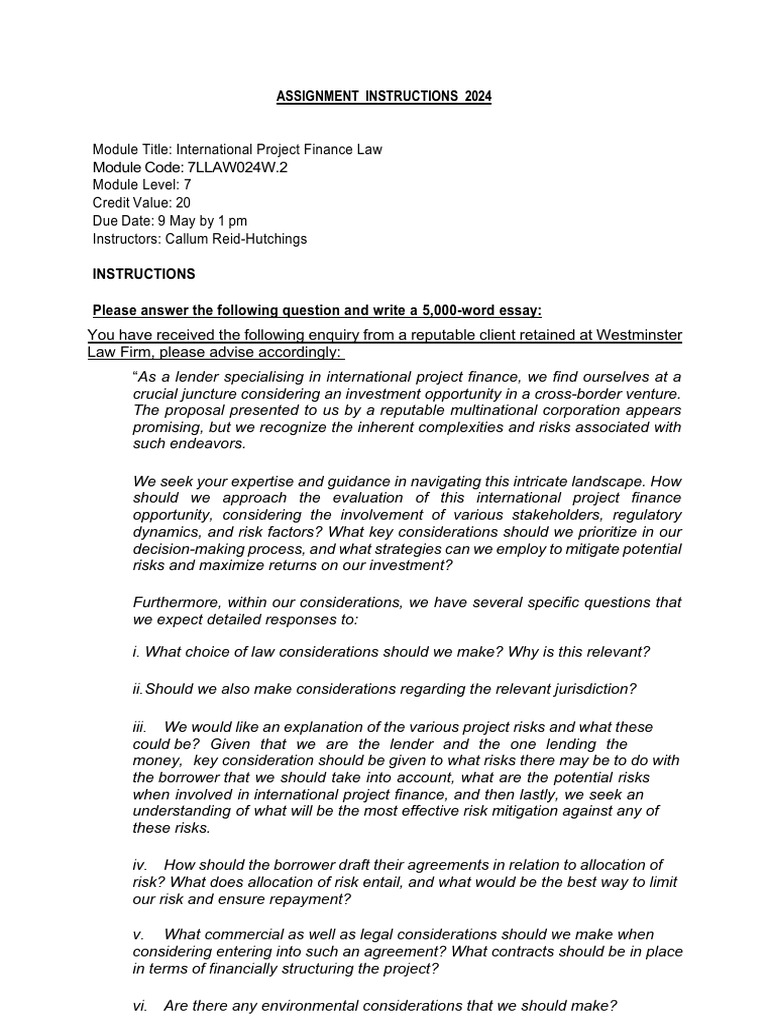 A - 7LLAW024W.2 International Project Finance Law 2024-UPDATED | PDF ...