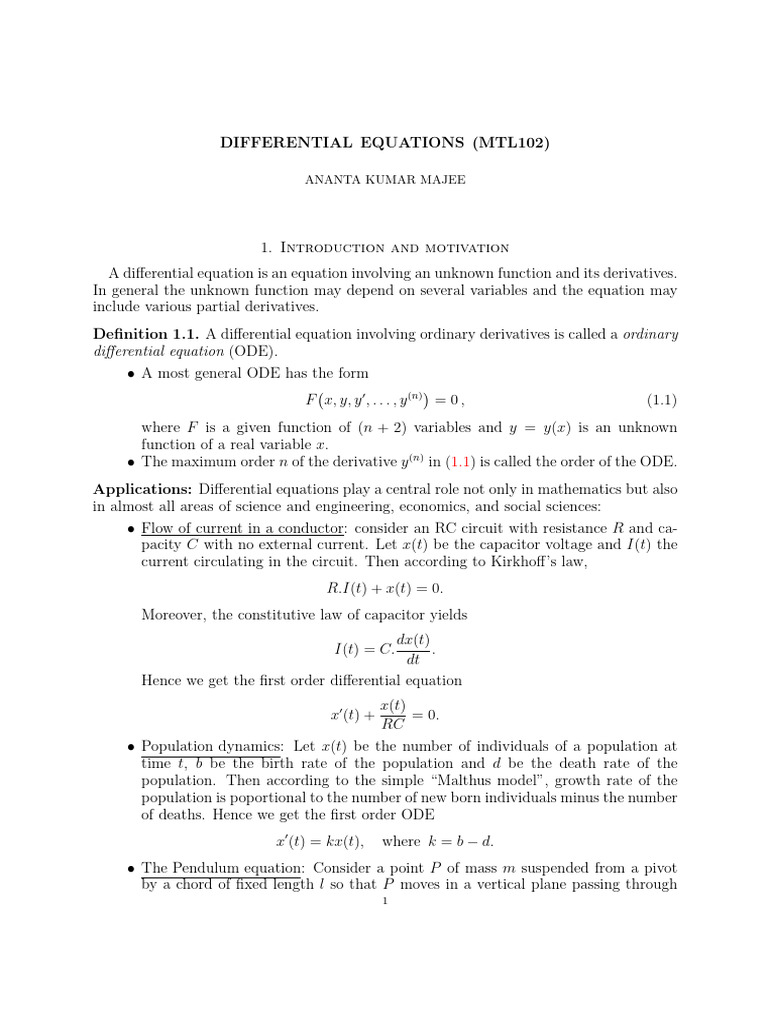 Diff Eqn Mtl102 Complete Notes Pdf Ordinary Differential Equation Equations